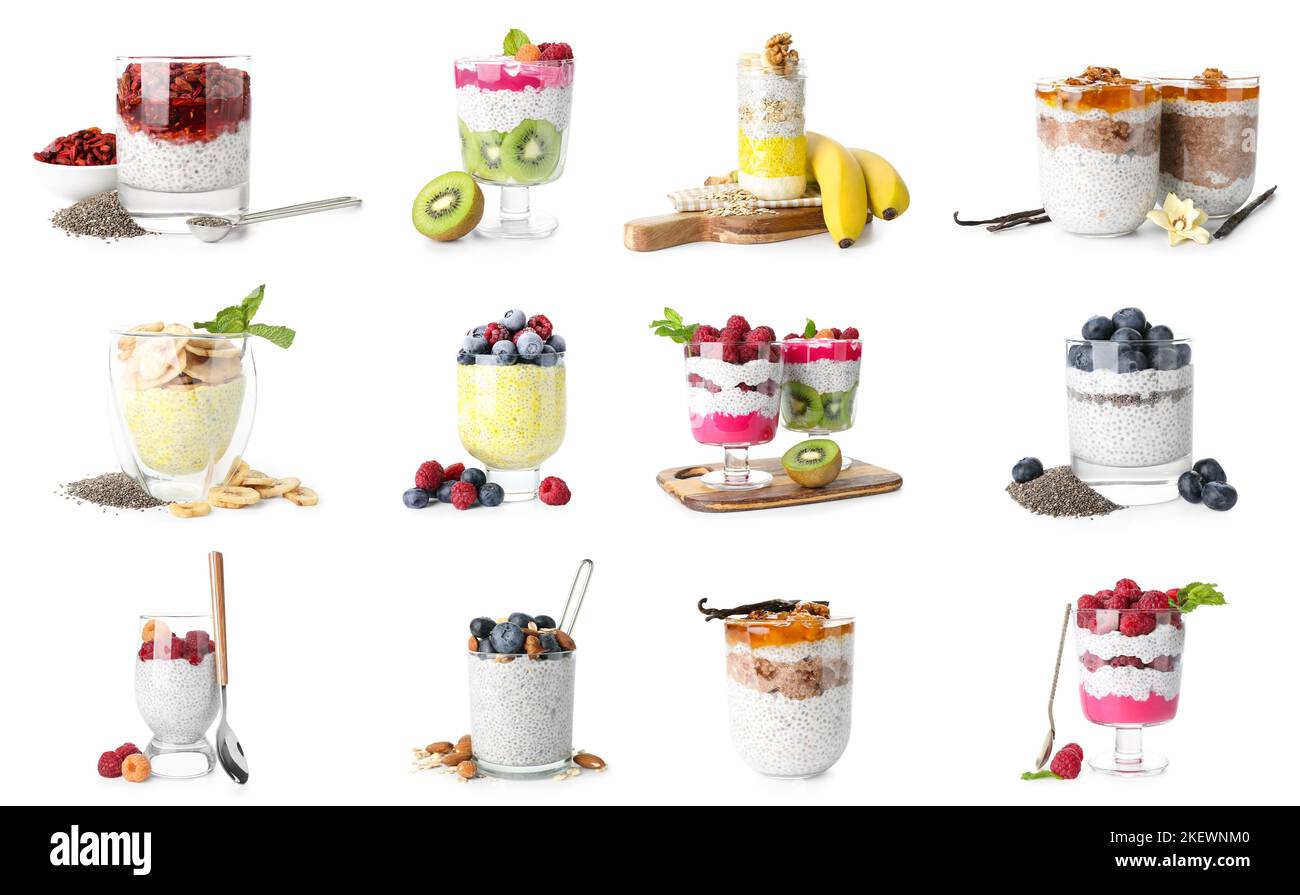 Collage of tasty chia pudding with fruits and nuts in glasses on white ...