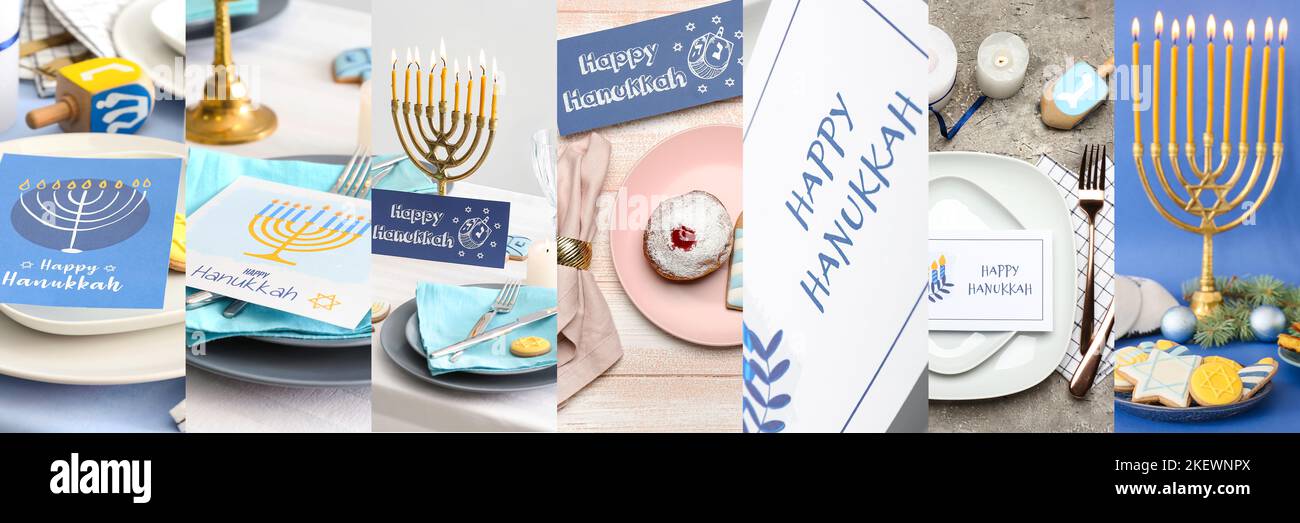 Collage with table setting and Hanukkah decor Stock Photo - Alamy