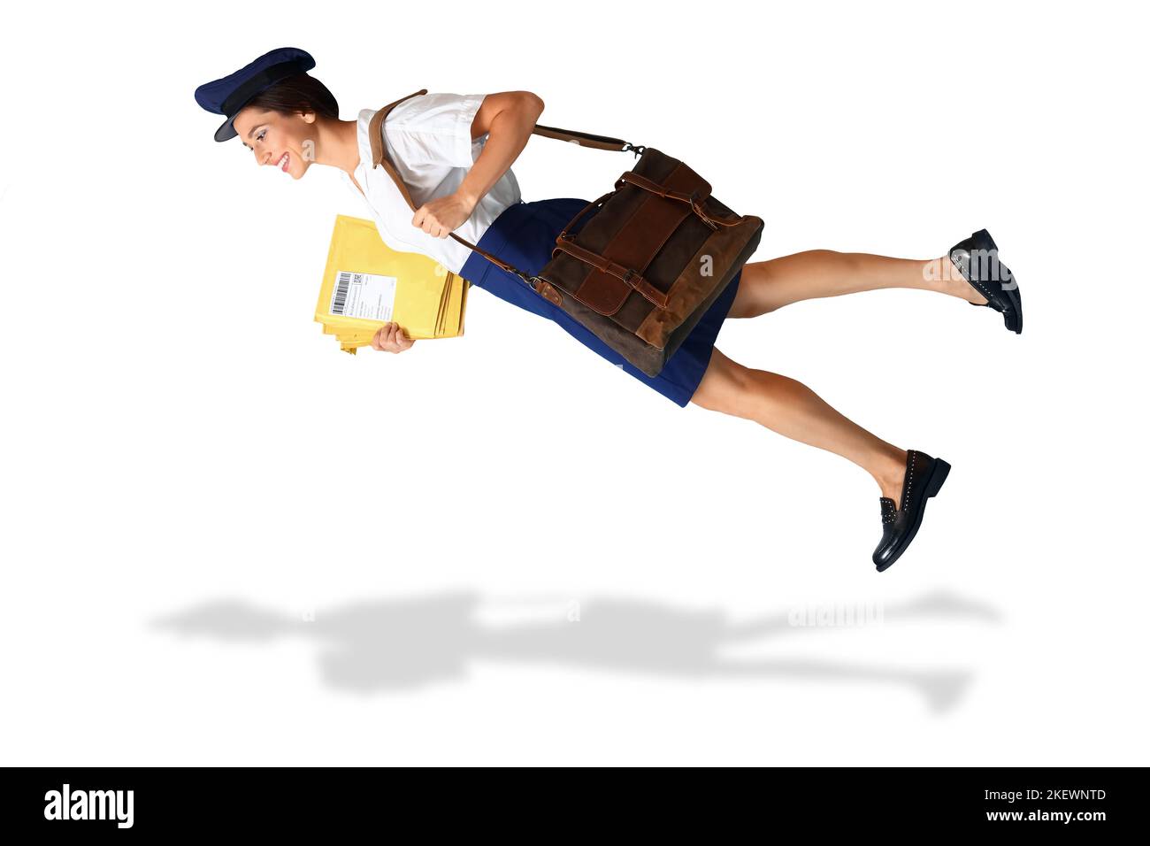 Flying female postman with letters and bag on white background Stock ...