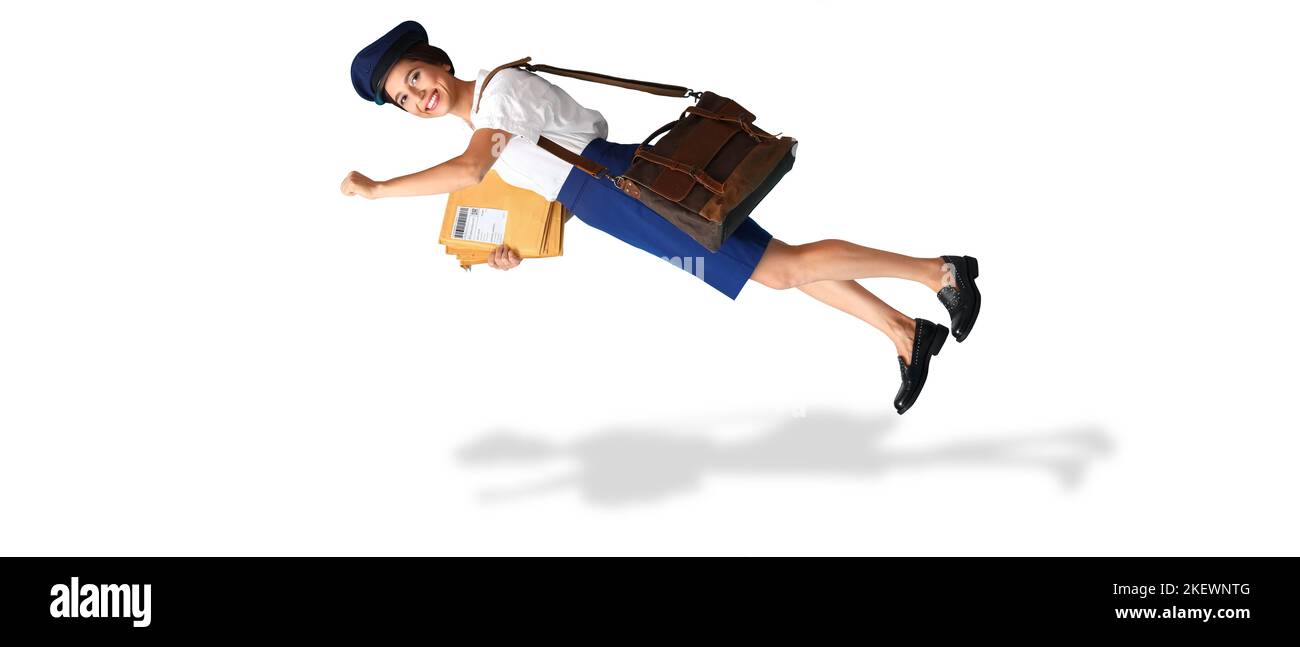 Flying female postman with letters and bag on white background Stock ...