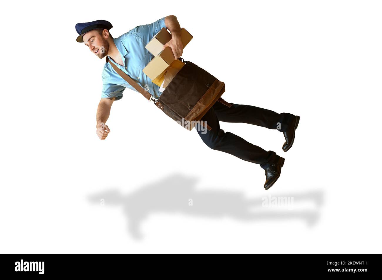 Flying young postman with parcels and bag on white background Stock ...