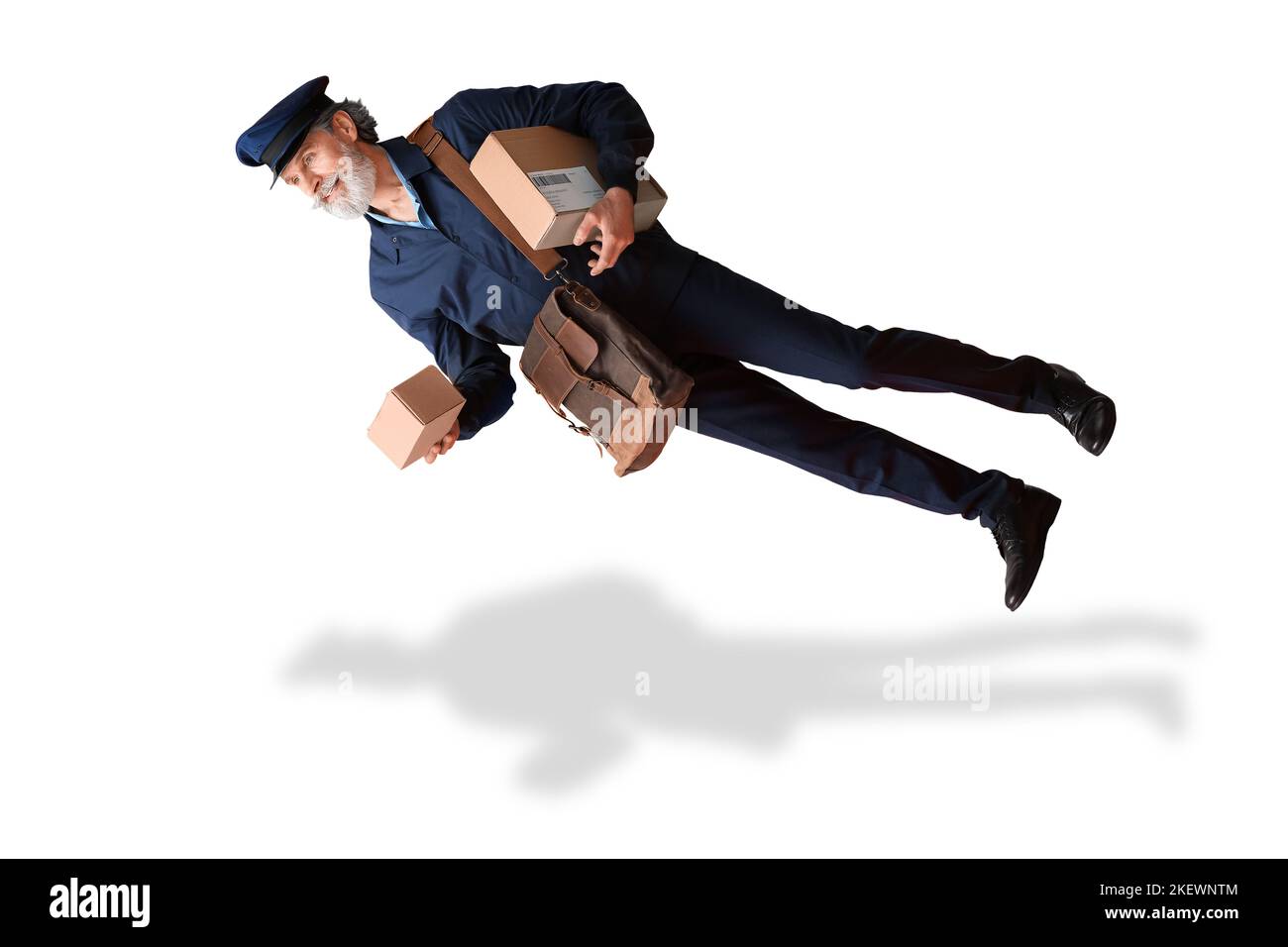 Flying senior postman with parcels and bag on white background Stock ...