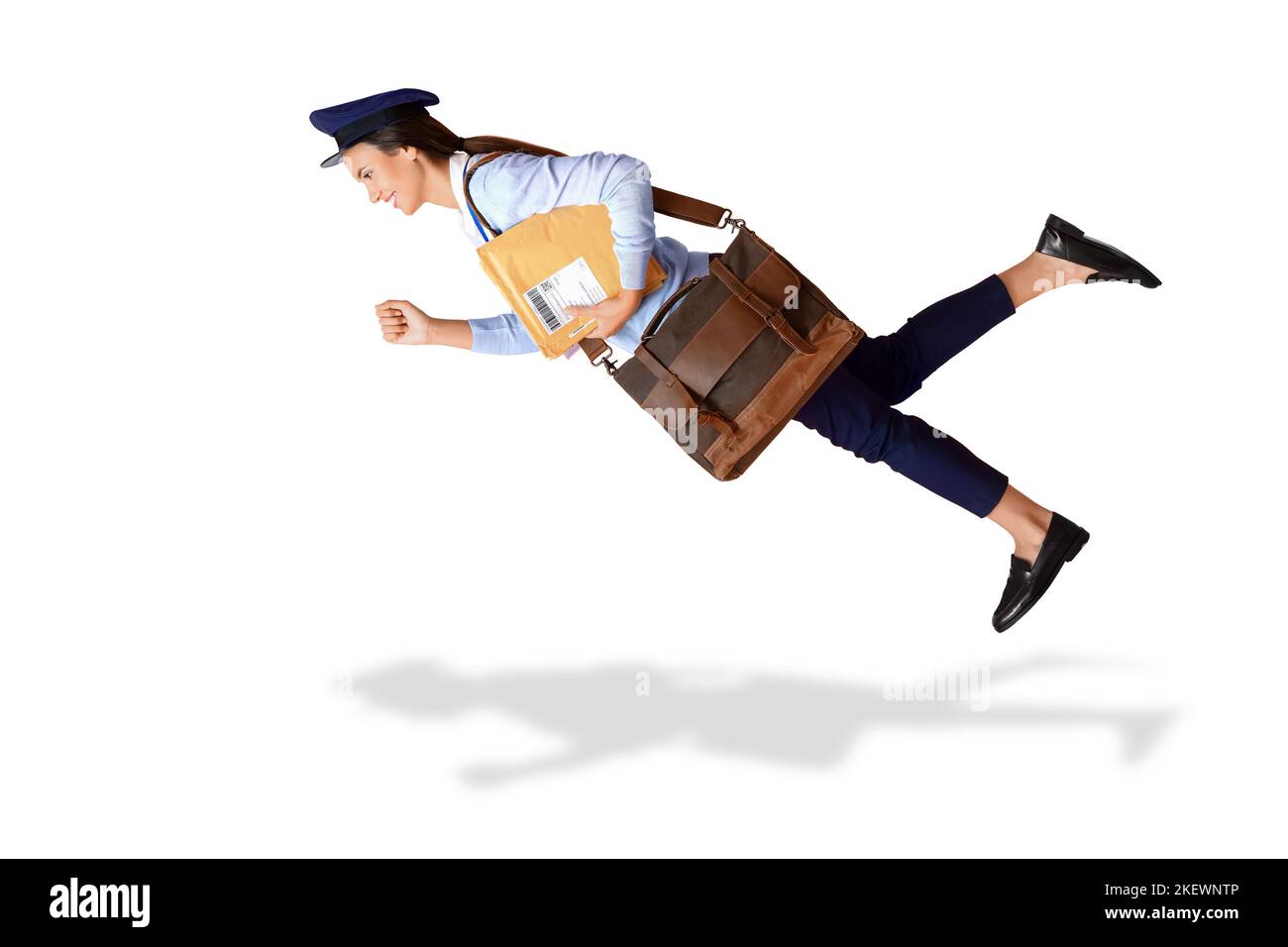 Flying female postman with letters and bag on white background Stock ...
