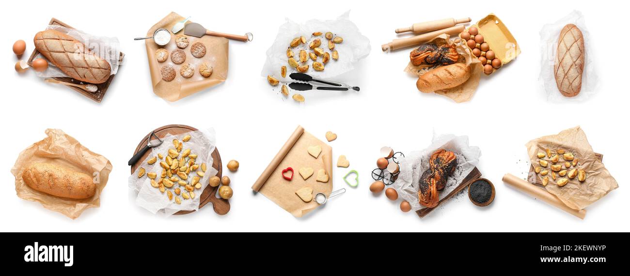 Set of baking paper with tasty pastry and roasted potatoes on white ...