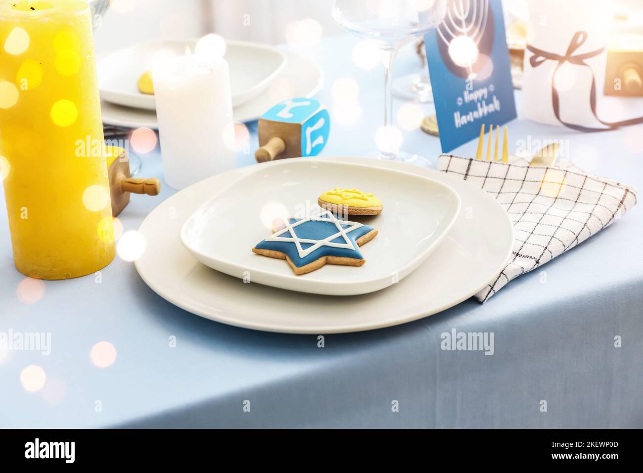 Table setting for Hanukkah celebration, closeup Stock Photo - Alamy