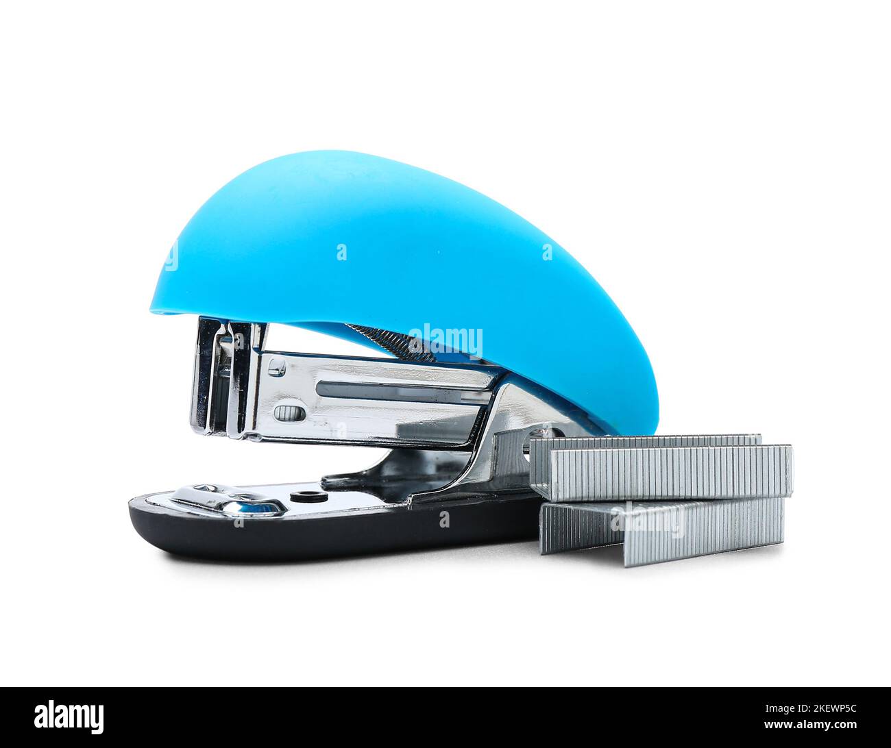 Blue stapler and staples on white background Stock Photo - Alamy