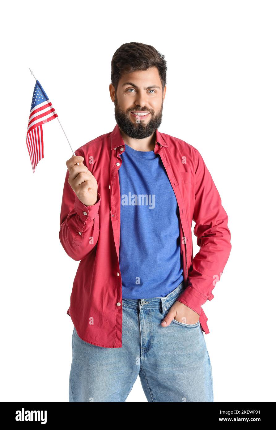 Handsome bearded man with USA flag on white background Stock Photo - Alamy