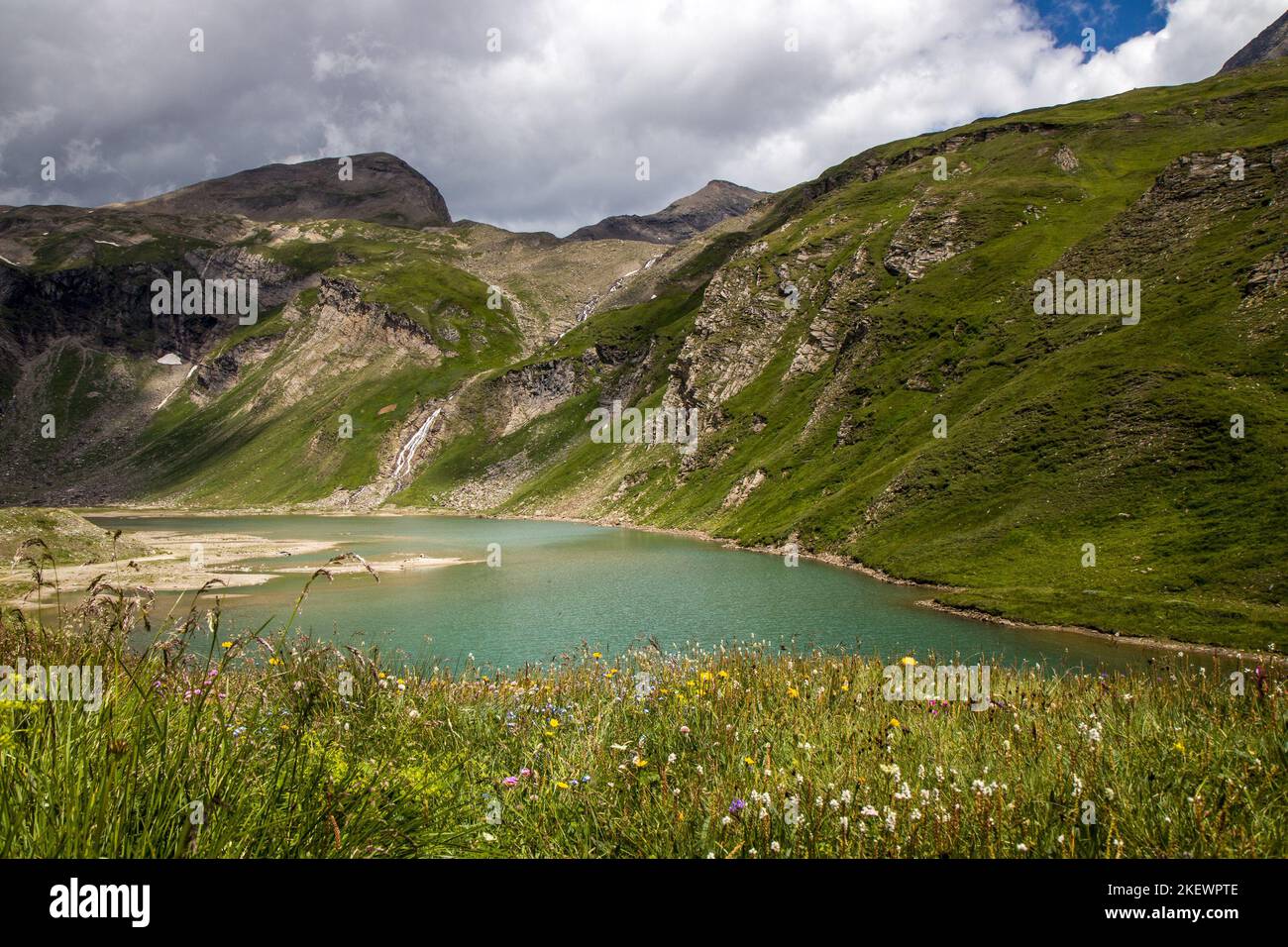 The beautiful view of Nassfeld Speicher lake. High Tauern National Park ...