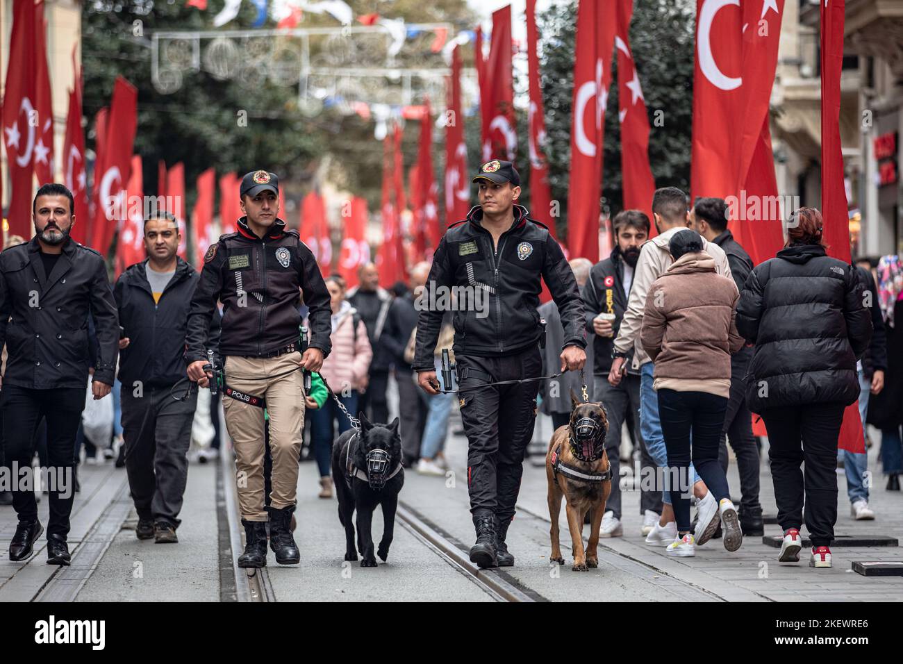 Istanbul, Turkey. 14th Nov, 2022. Police with dogs seen walking between ...