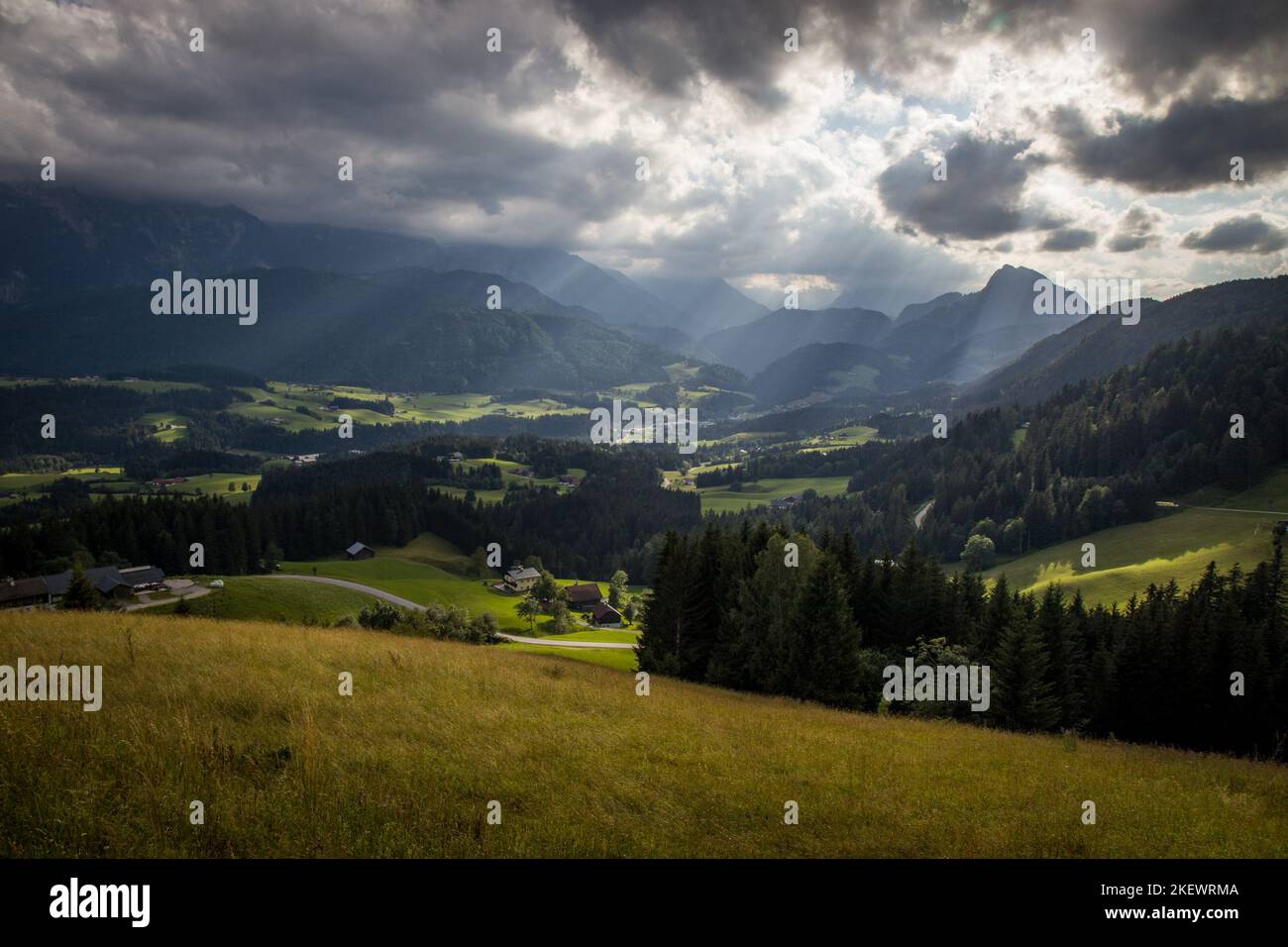 The beautiful view of the valley with rays of the sun. Postalmstrasse ...