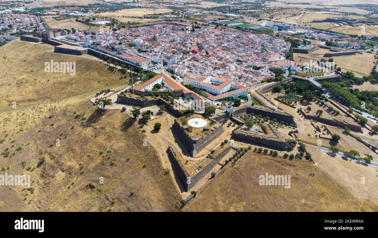Aerial drone view of fortifications, Garrison Border Town of Elvas and ...