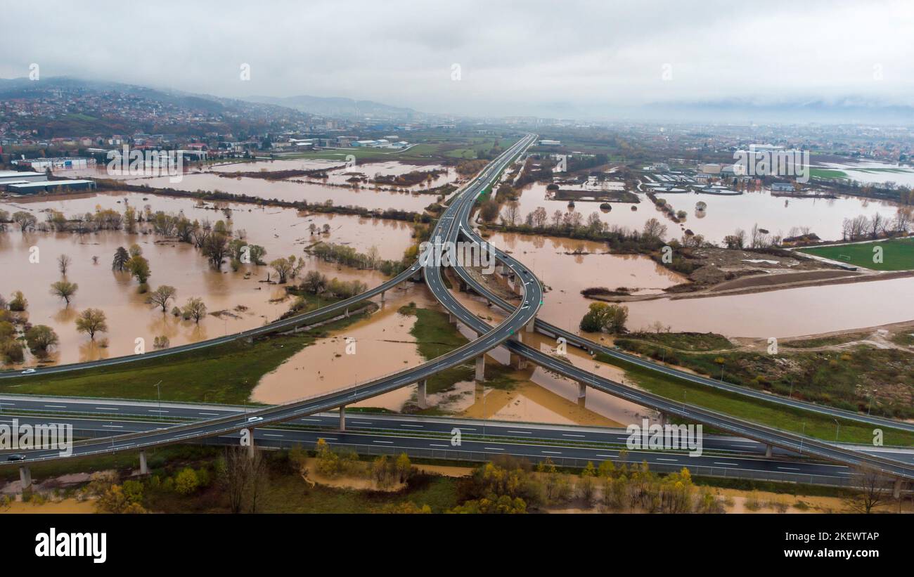 Aerial drone view of torrential rain causes flash floods in residential ...