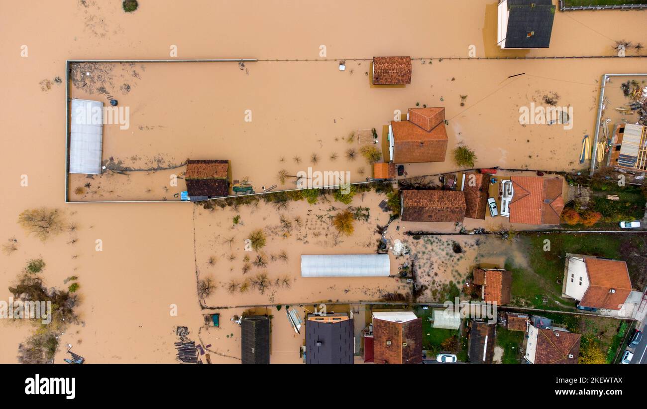 Aerial drone view of torrential rain causes flash floods in residential ...