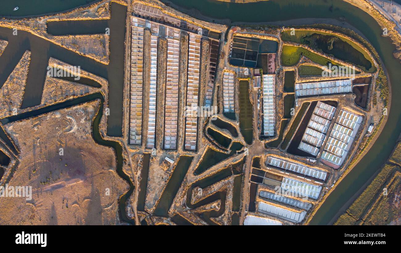 Aerial drone view of salt fields in Castro Marim, Portugal. Sunset ...