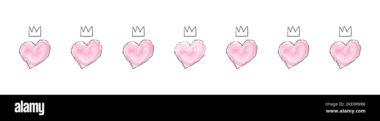 Hearts with crowns. Valentines day background. Hand drawn Hearts ...