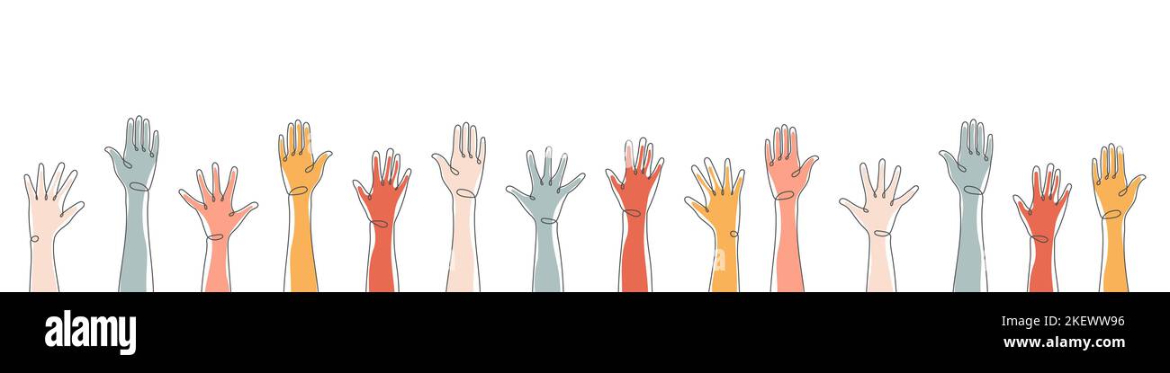 Raised hands. Teamwork, collaboration, voting, volunteering concert ...