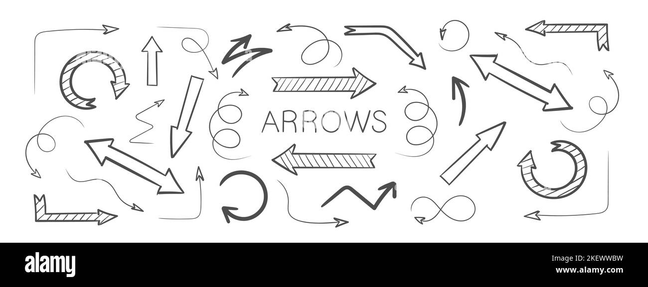 Set arrow icon. Hand drawn arrows. Set of vector curved arrows. Sketch doodle style. Vector ...