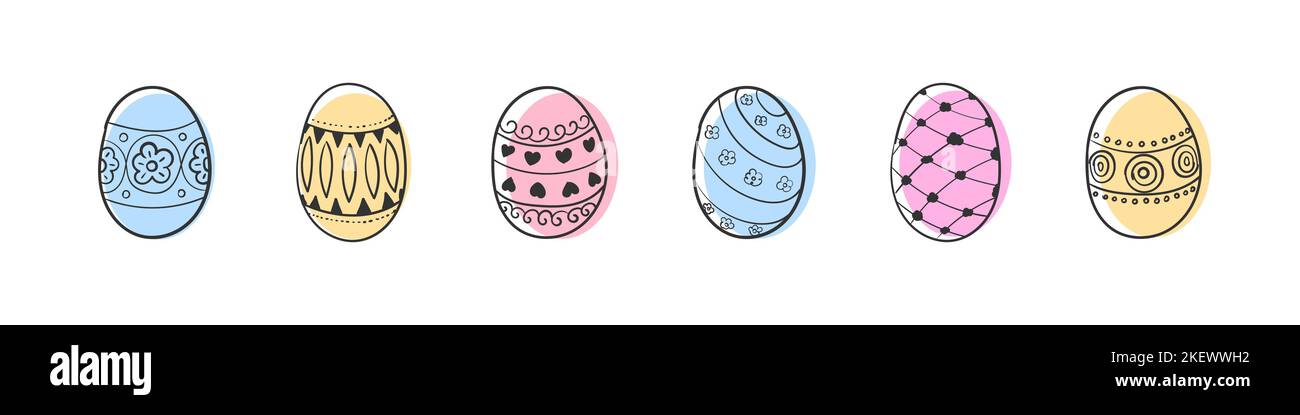 Happy Easter. Easter eggs set. Egg collection hand drawn with brush ...
