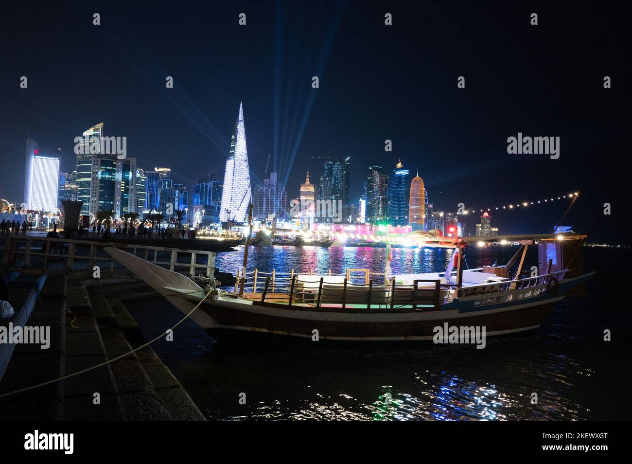 Doha, Qatar. 14th Nov, 2022. An Arab dhow lies in front of the Doha ...