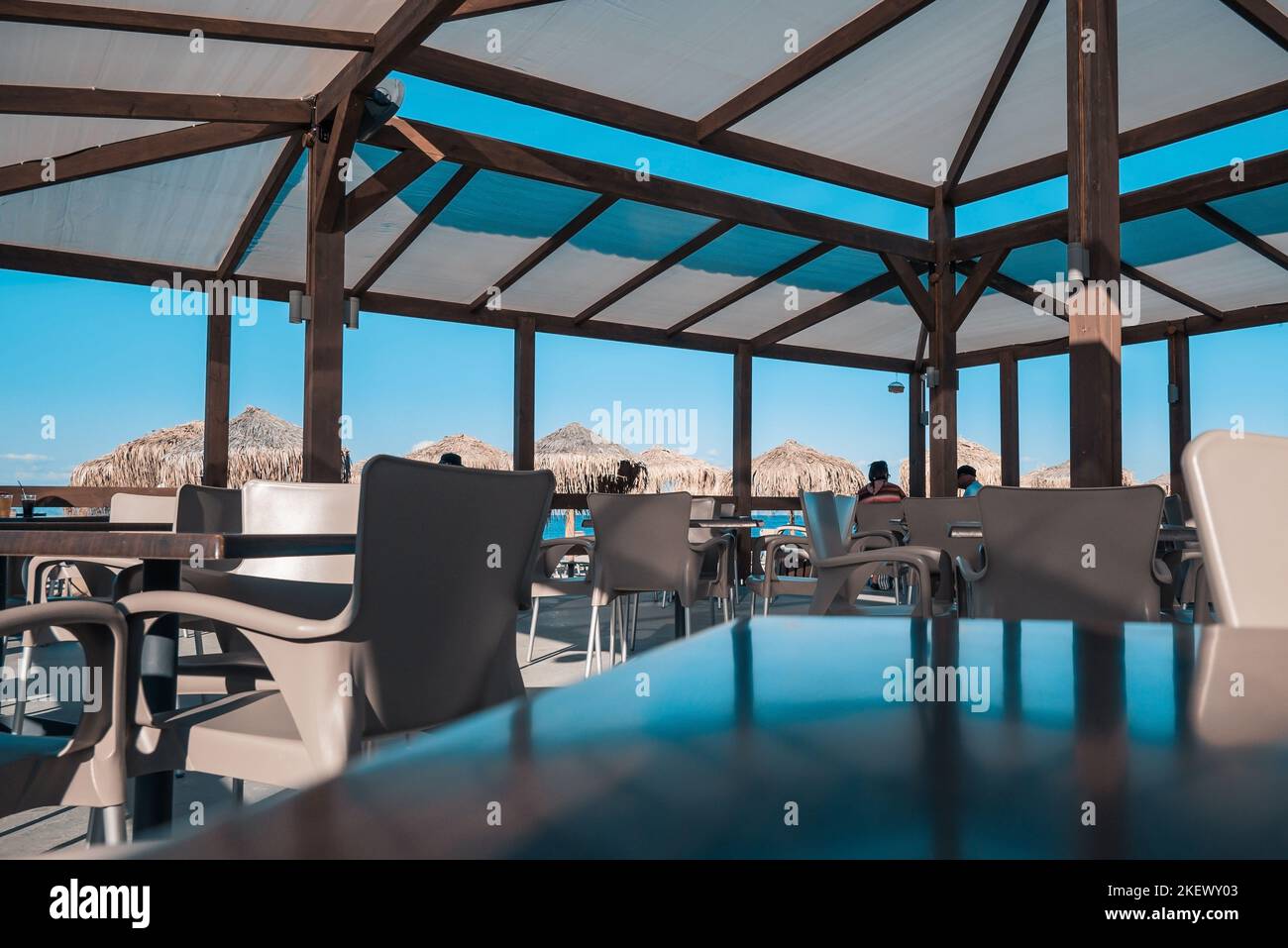 Cafe on Beach in Hotel, People Eat and Rest Moraitika, Corfu, Greece ...
