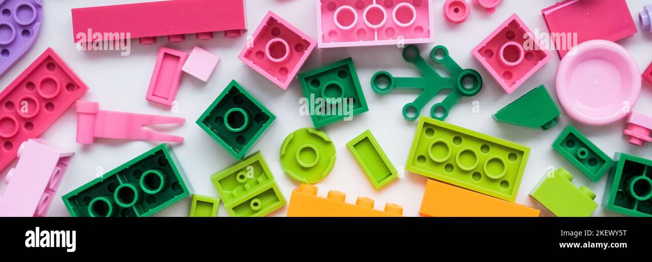 Many toy blocks in different colors, top view. Toys and games.Set of ...