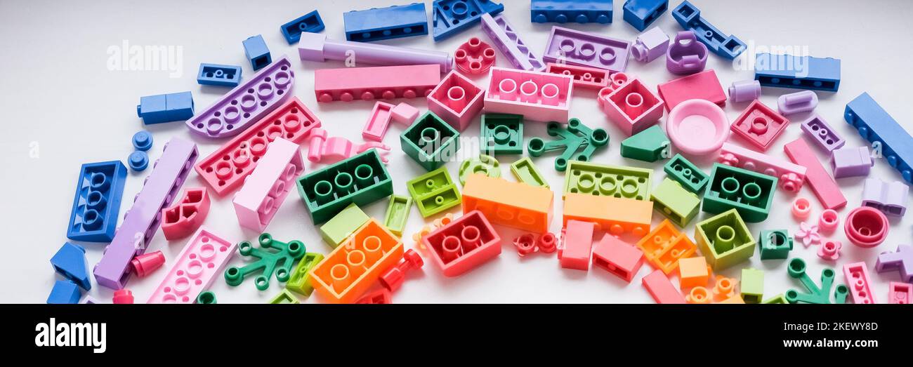 Many toy blocks in different colors, top view. Toys and games.Set of ...