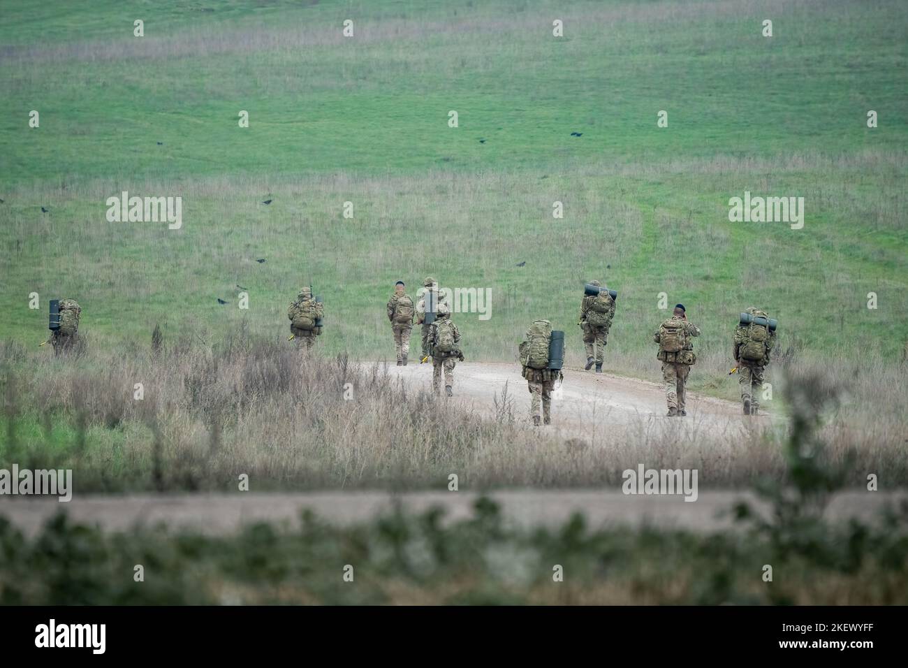 a unit of British army soldiers on a loaded march, military exercise ...