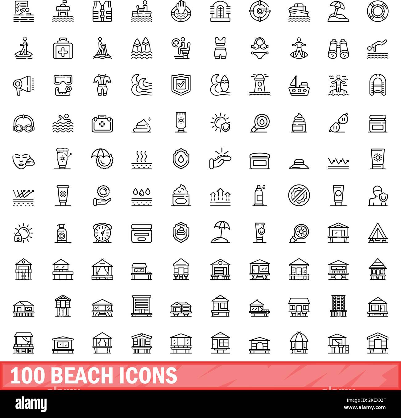 100 beach icons set. Outline illustration of 100 beach icons vector set ...