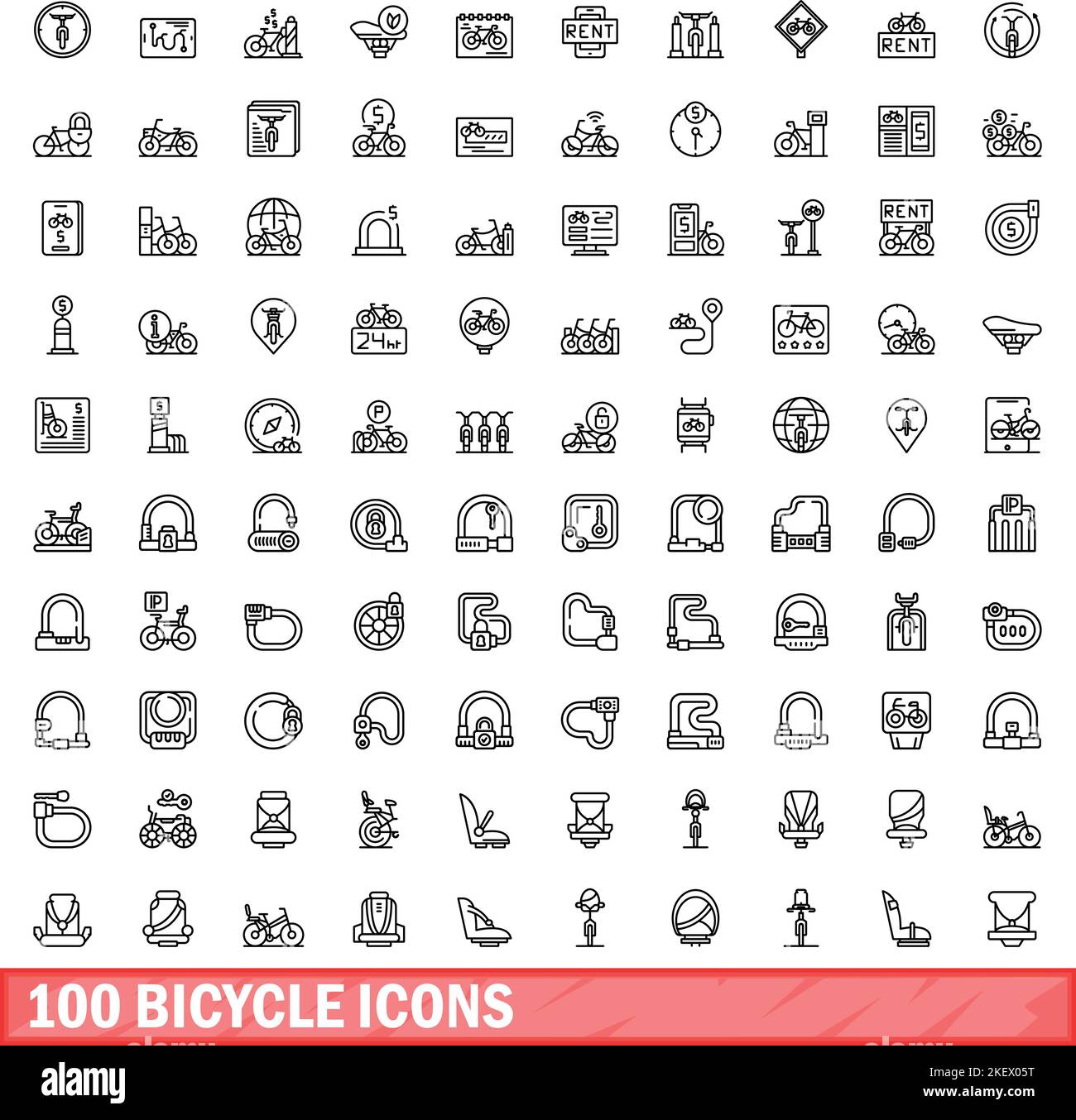 100 bicycle icons set. Outline illustration of 100 bicycle icons vector ...