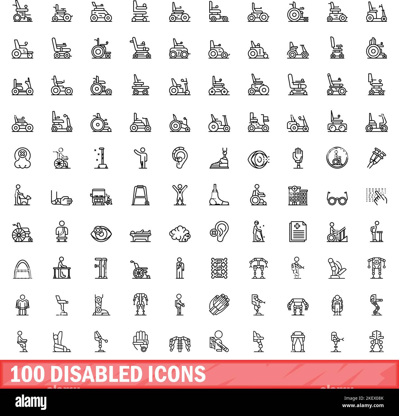 100 disabled icons set. Outline illustration of 100 disabled icons ...