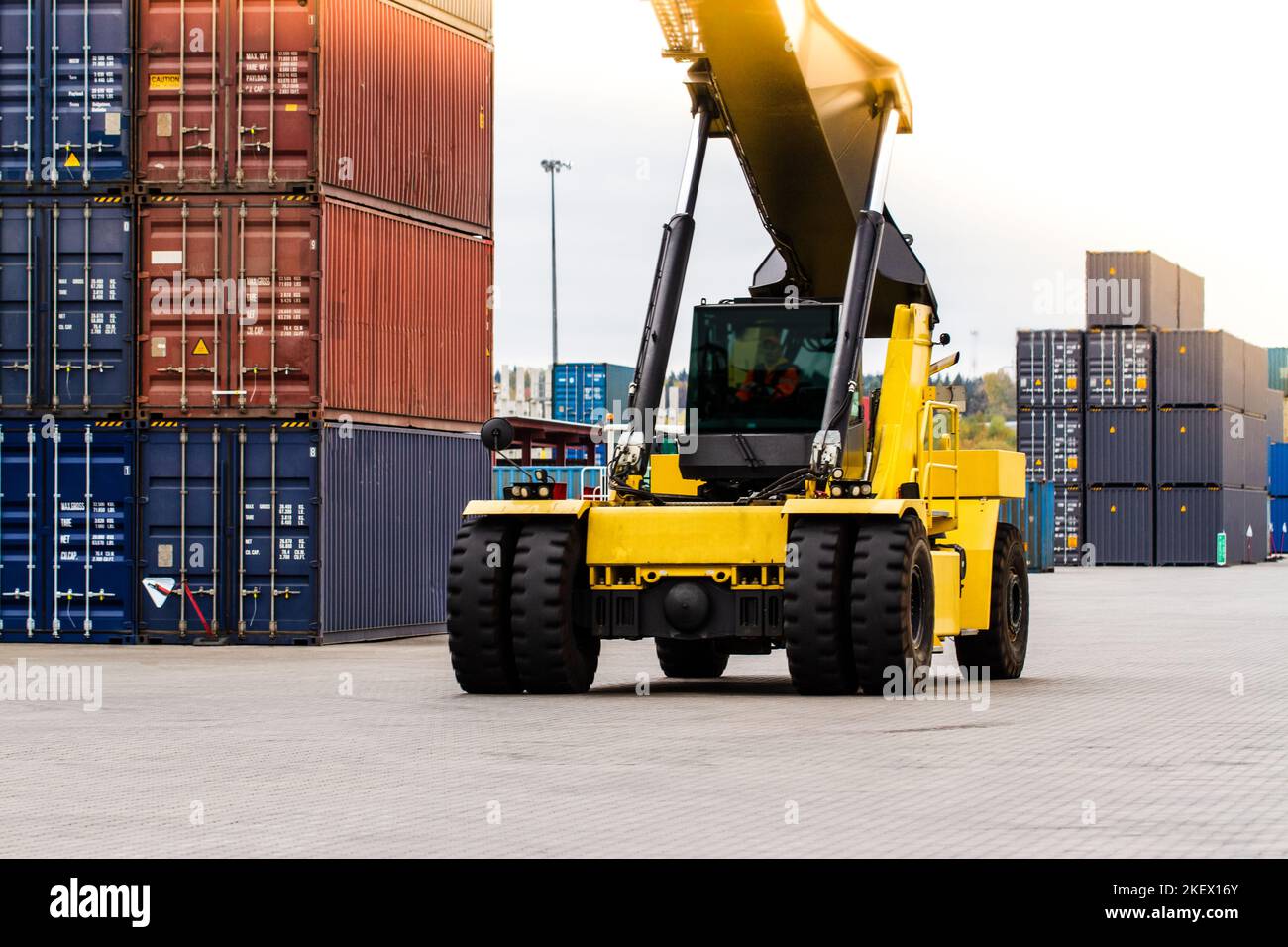 Container handlers. Forklift truck in shipping yard. Industrial ...