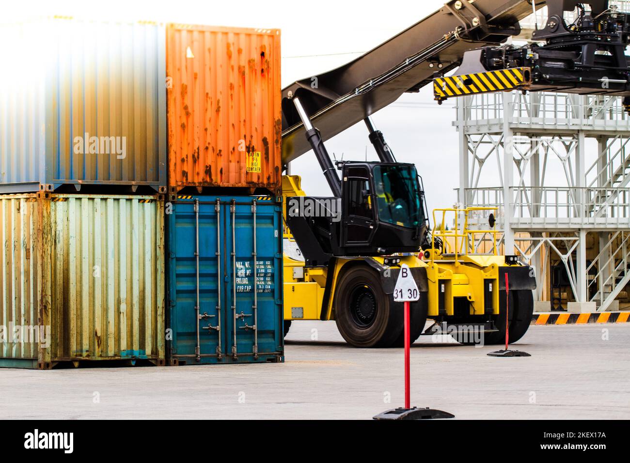 Container handlers. Forklift truck in shipping yard. Industrial ...