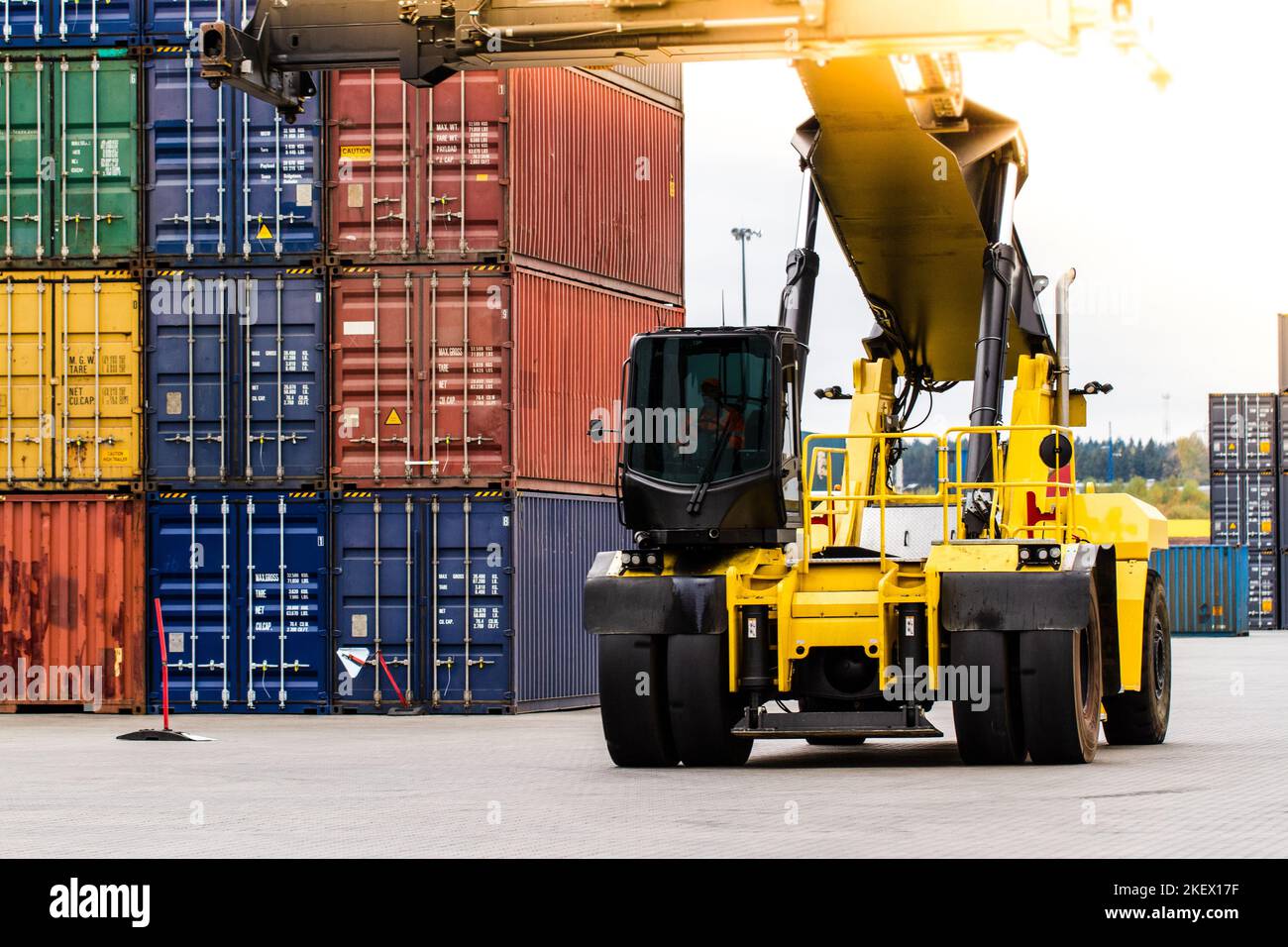 Container handlers. Forklift truck in shipping yard. Industrial ...