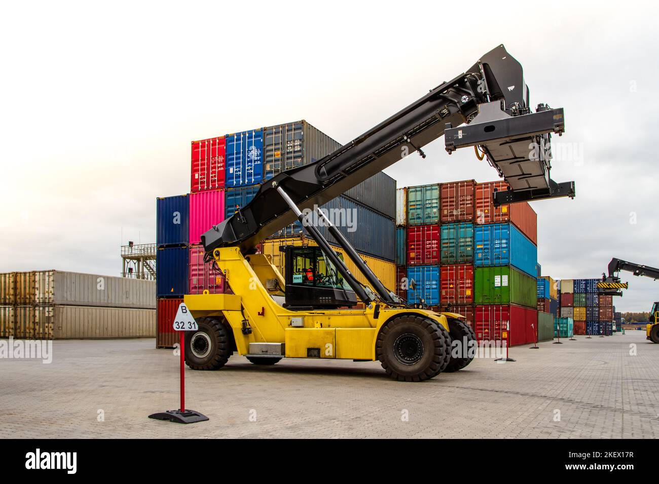 Container handlers. Forklift truck in shipping yard. Industrial ...