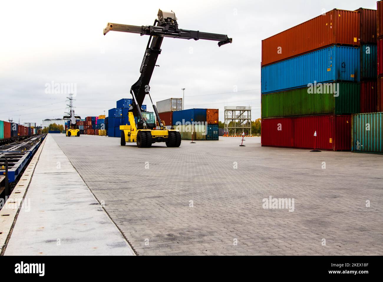 Forklift handling cargo container. Freight container loading. Container ...