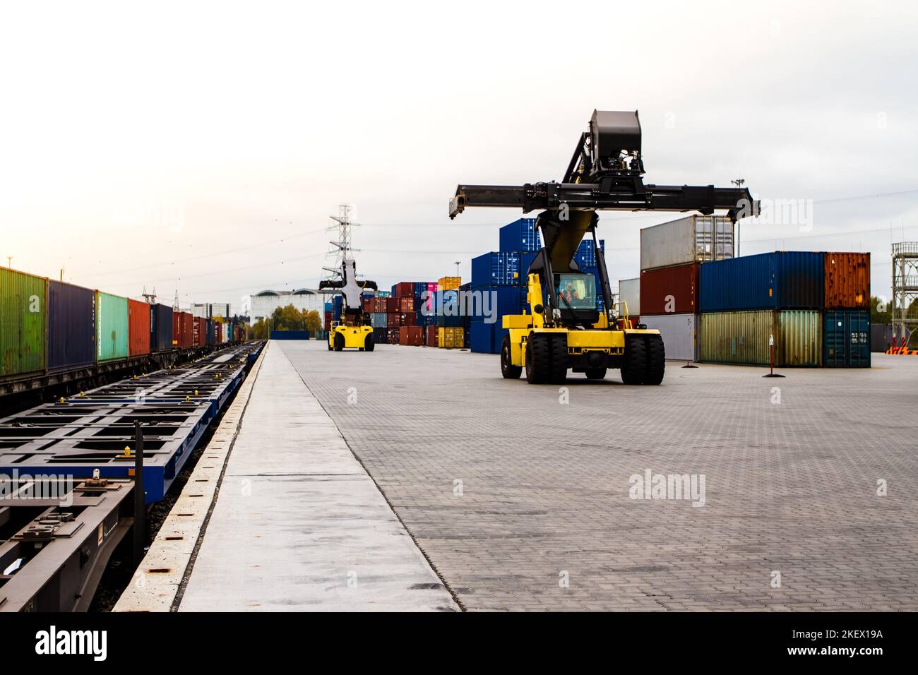 Forklift handling cargo container. Freight container loading. Container ...