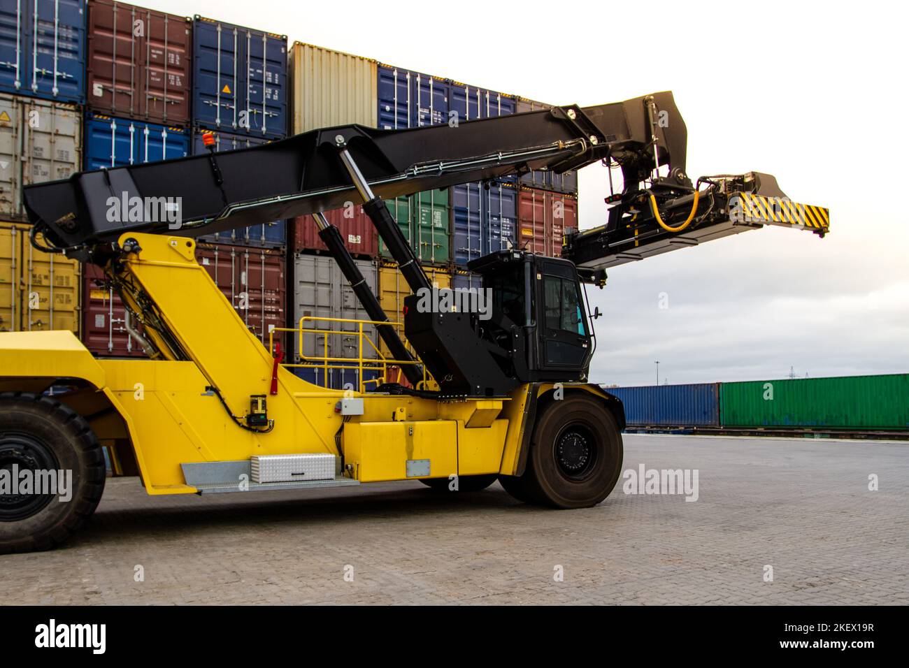 Container handlers. Forklift truck in shipping yard. Industrial ...