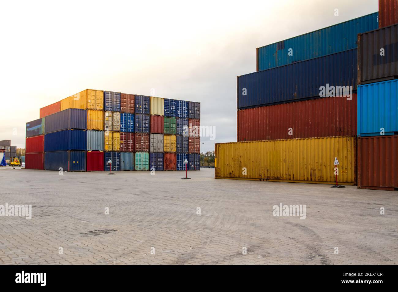 Cargo containers. Cargo container yard. Stack of freight containers at ...