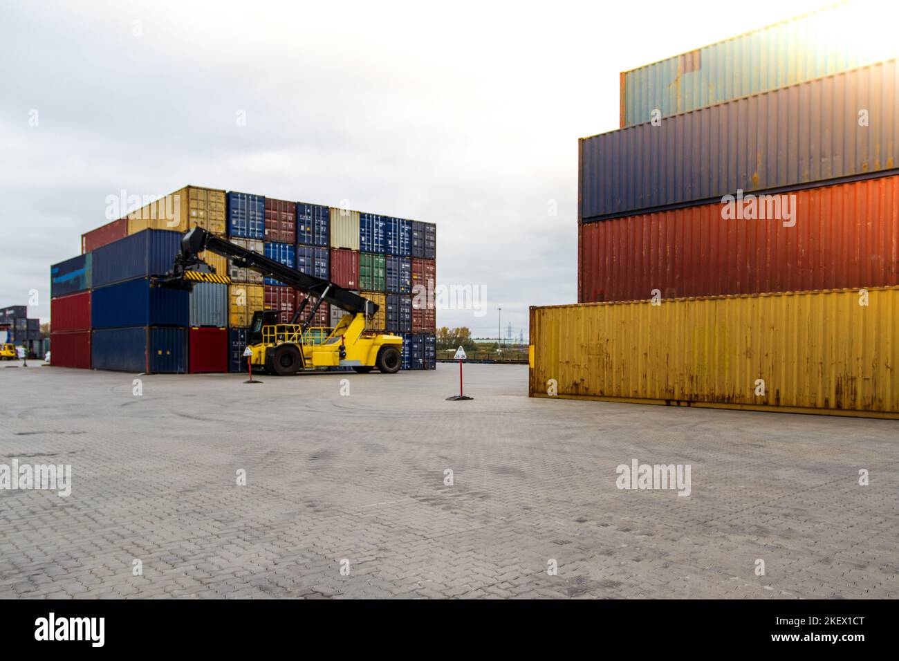 Container handlers. Forklift truck in shipping yard. Industrial ...