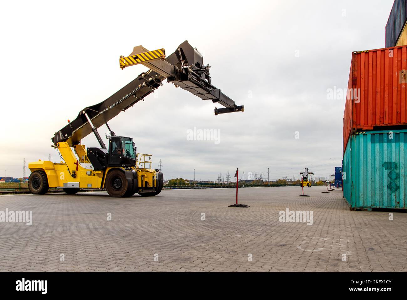 Container handlers. Forklift truck in shipping yard. Industrial ...