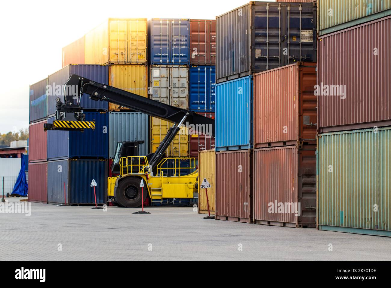 Cargo containers. Cargo container yard. Stack of freight containers at ...