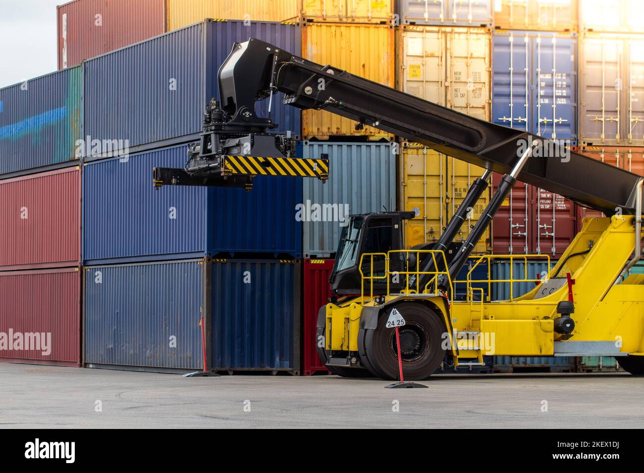 Container handlers. Forklift truck in shipping yard. Industrial ...
