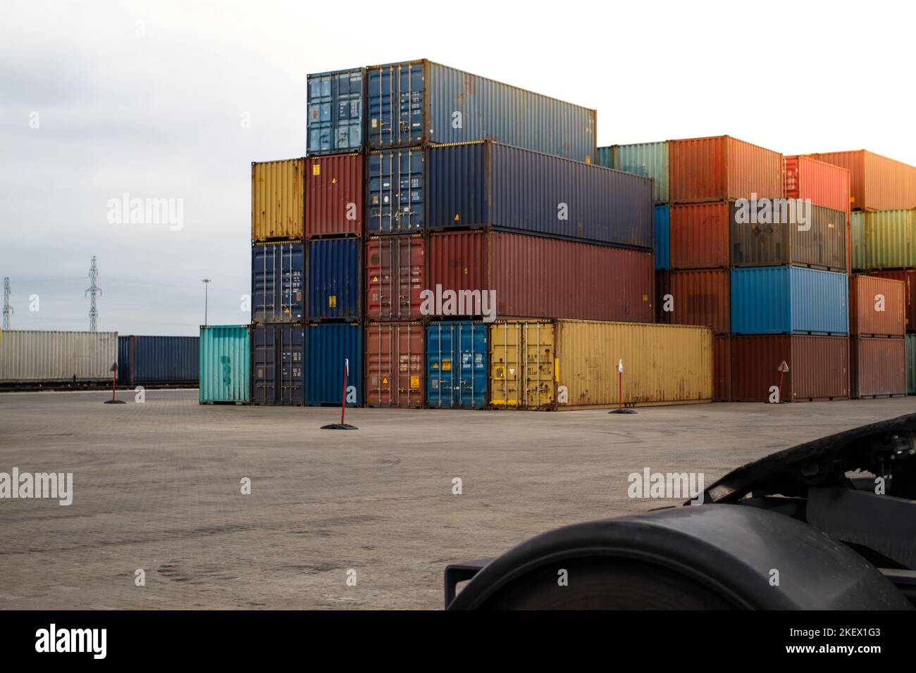 Cargo containers. Cargo container yard. Stack of freight containers at ...