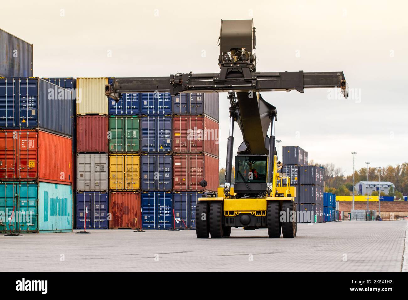 Container handlers. Forklift truck in shipping yard. Industrial ...