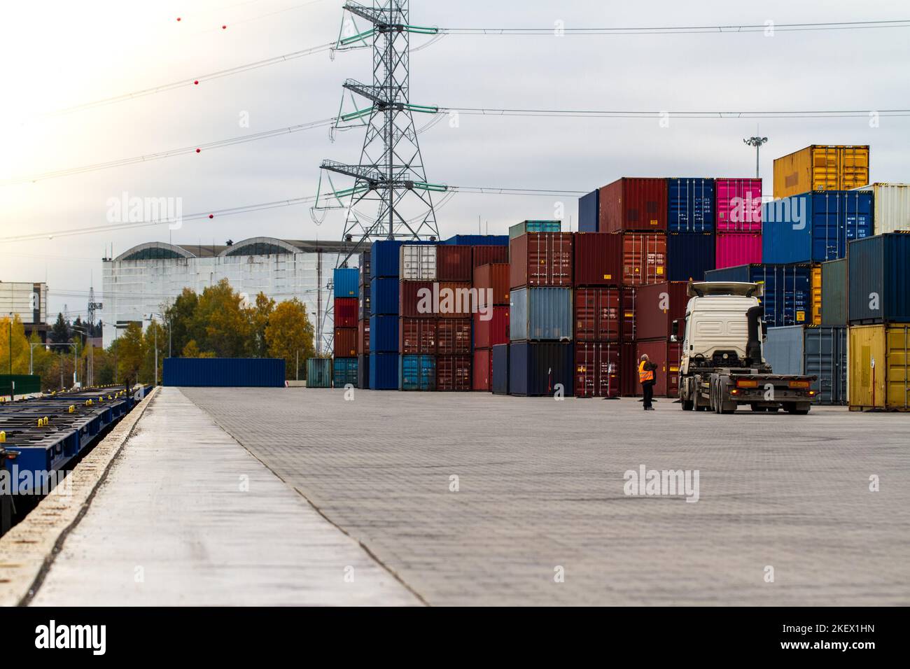 Forklift handling cargo container. Freight container loading. Container ...