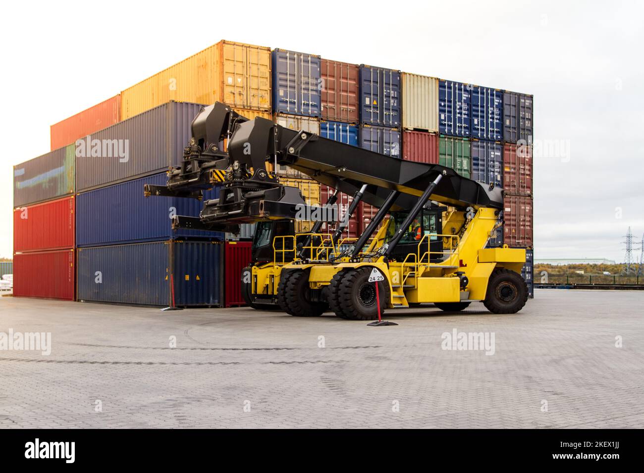 Container handlers. Forklift truck in shipping yard. Industrial ...