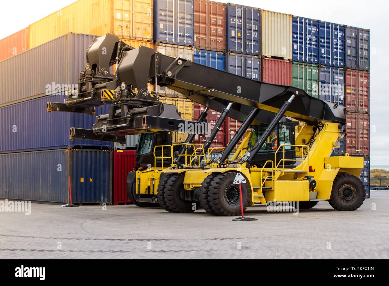 Container handlers. Forklift truck in shipping yard. Industrial ...