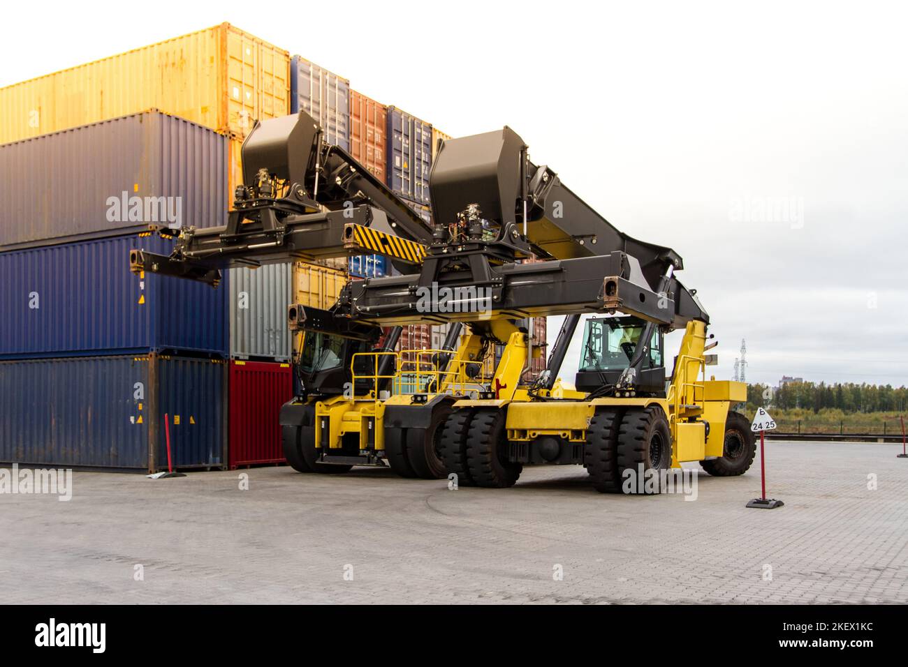 Container handlers. Forklift truck in shipping yard. Industrial ...