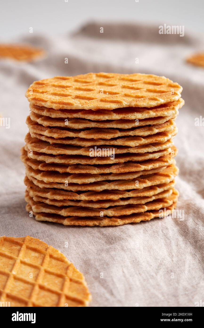 Homemade Waffle Crisps in a stack, low angle view. Close-up Stock Photo ...