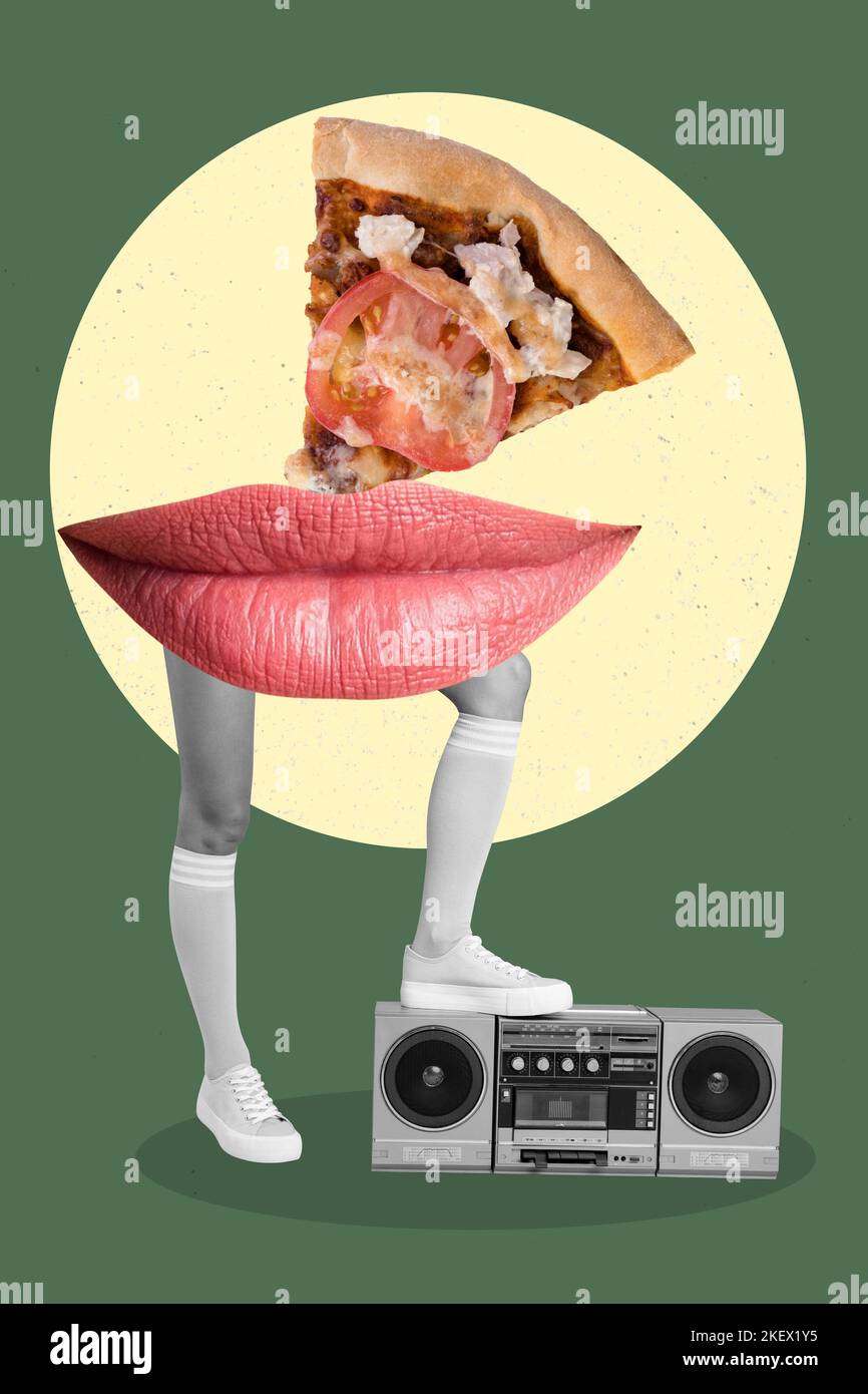 Collage photo poster advert of weird headless woman big lips eat pizza ...